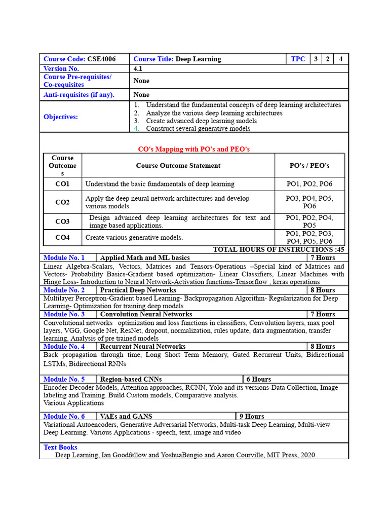 CSE4006 - Deep Learning - Revised-4.1 (Pre Req) (B.tech-AIML-PE) | PDF