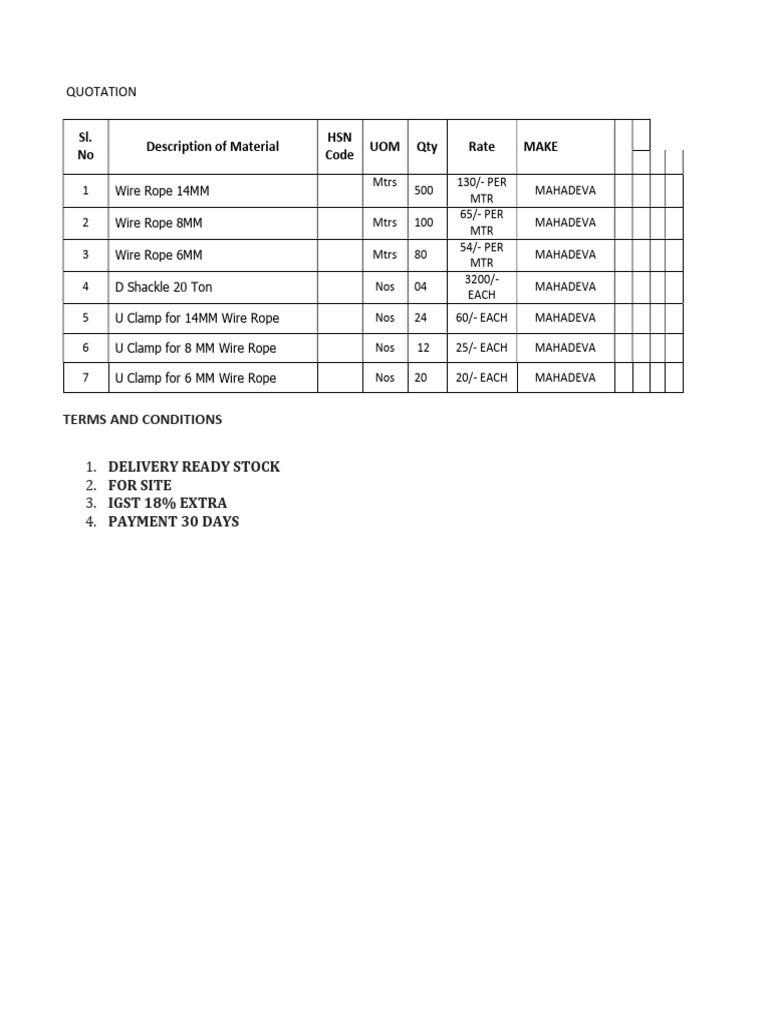Quotation of Wire Rope With CS | PDF