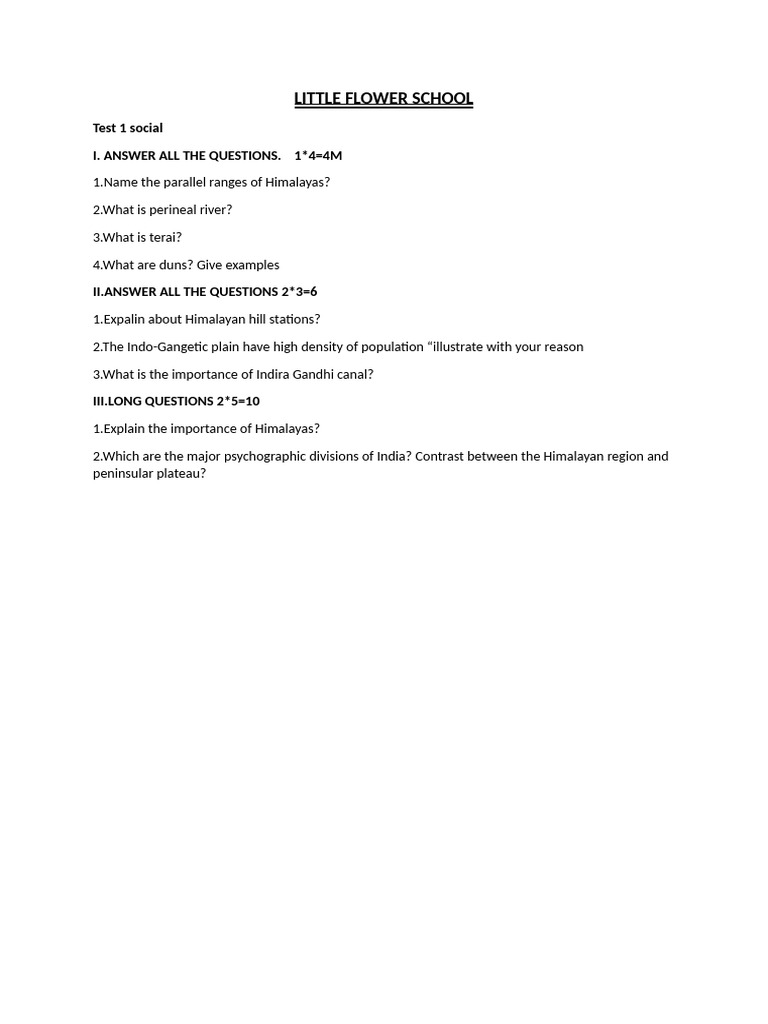 Little Flower School Question Paper | PDF