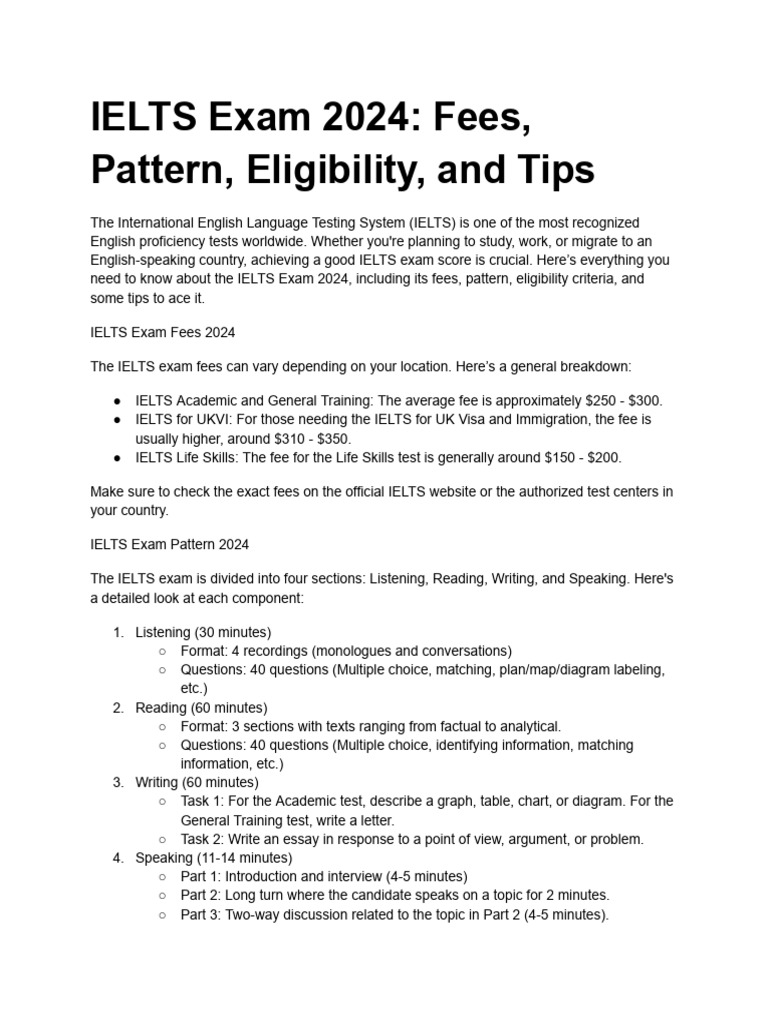 IELTS Exam 2024 - Fees, Pattern, Eligibility, and Tips | PDF ...