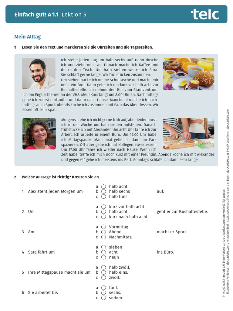 Einfach Gut A1.1 Lektion 5 Lesetext Mein Alltag | PDF