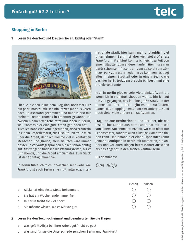 Einfach Gut A2.2 Lektion 7 Lesetext Shopping in Berlin | PDF