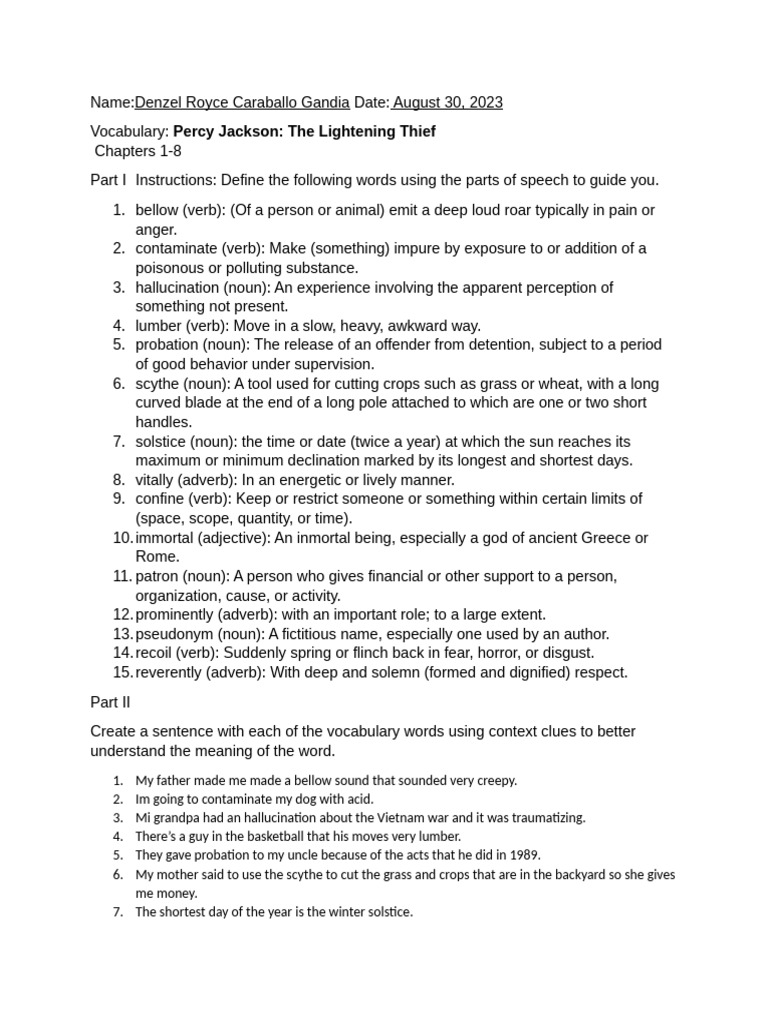 Vocab Percy Jackson The Lightening Thief Chap | PDF | Linguistics ...