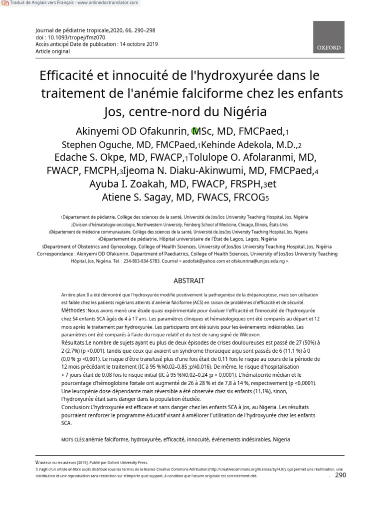 Akinyemi Et Al. Efficacité Et Innocuité de L'hydroxyurée FR | PDF