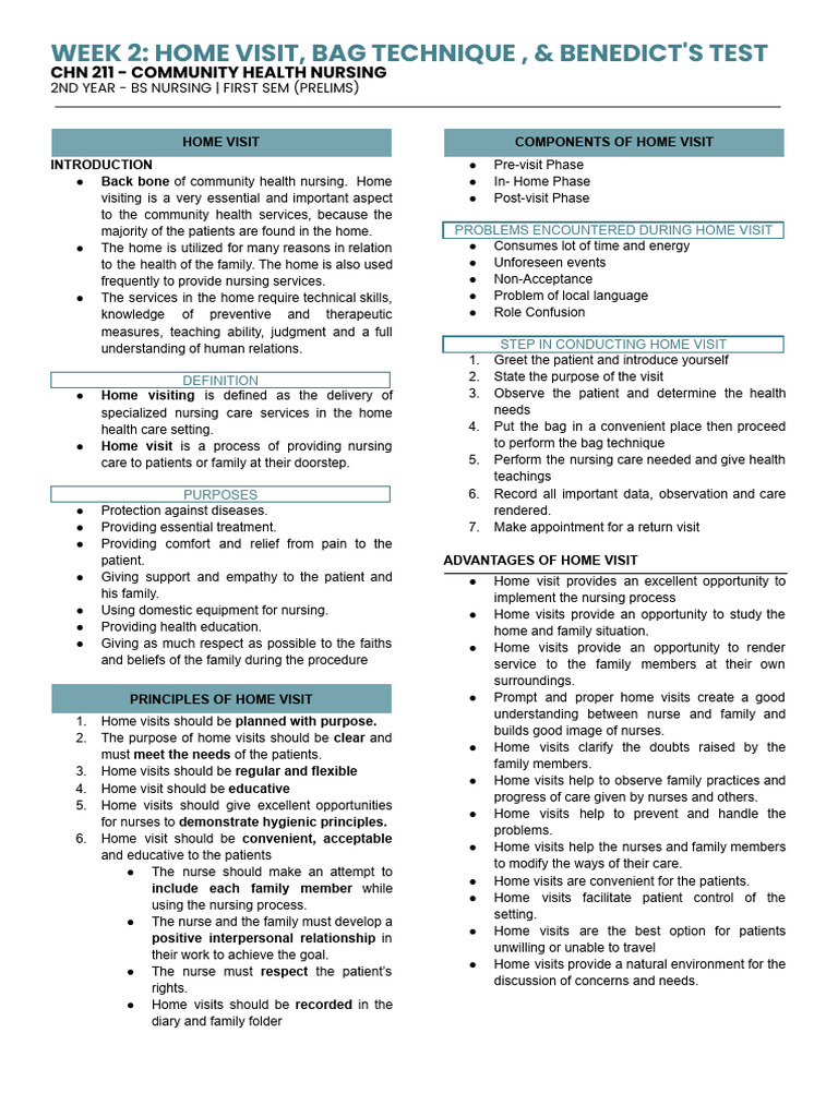 Week 2 - Home Visit, Bag Tecnique & Benedict's Test (Rle) | PDF