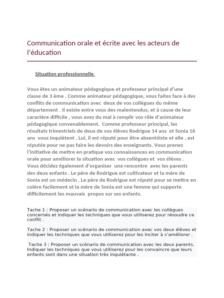Situation Communication Orale Et Écrite Avec Les Acteurs de L'éducation ...