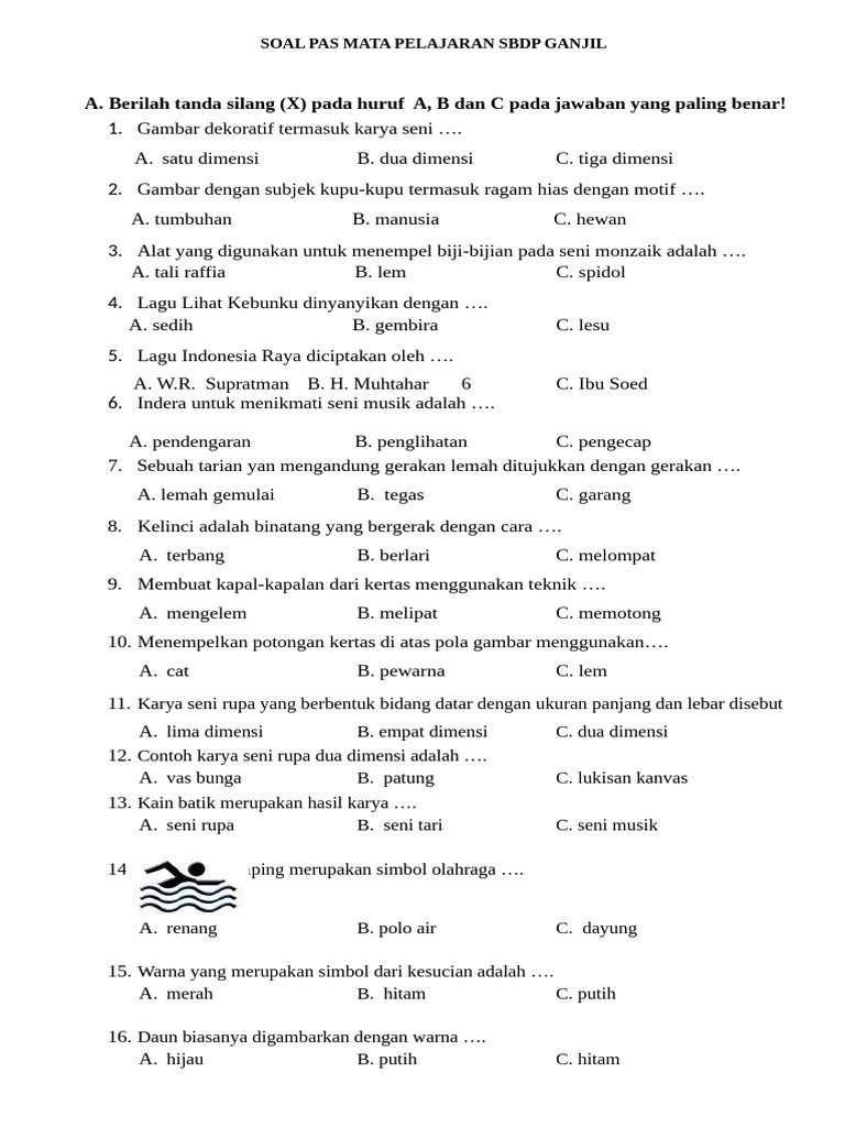 SOAL UTS MATA PELAJARAN SBDP Ganjil 2023-2024 | PDF