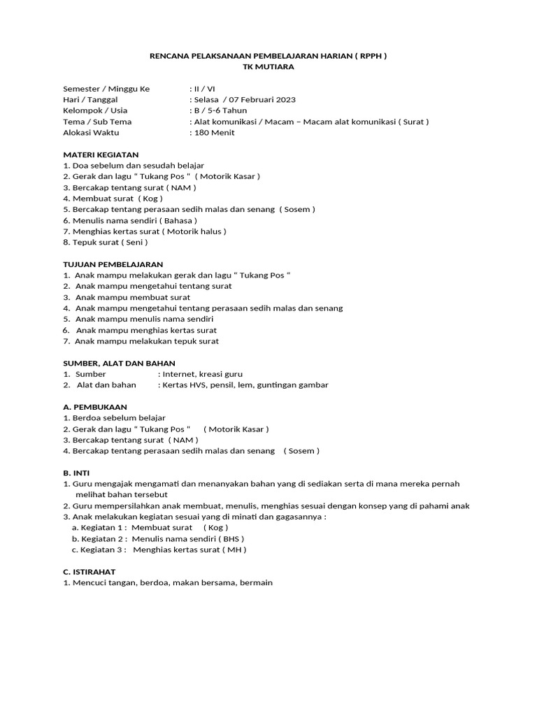 RPPH Kel. B Semester 2 Minggu 6 | PDF