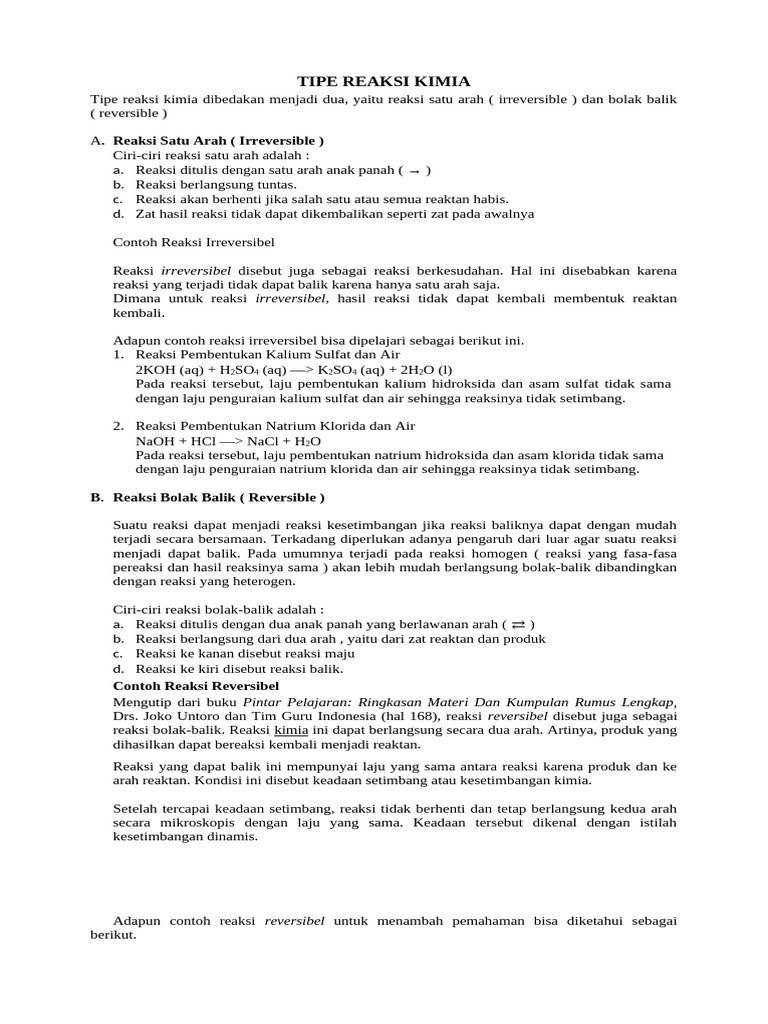 Tipe Reaksi Kimia (Perb. Reaksi Reversible Dan Reaksi Irreversible) | PDF