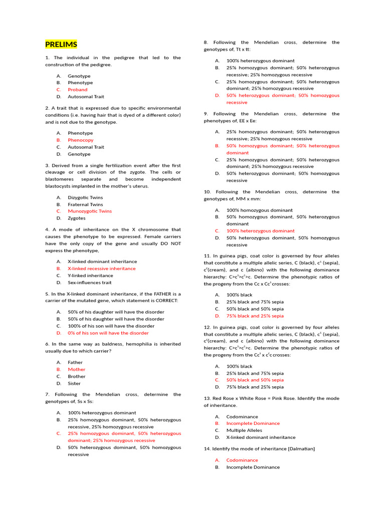 Answer Key GEN BIO 2 REVIEWER Prelims Prefinals | PDF