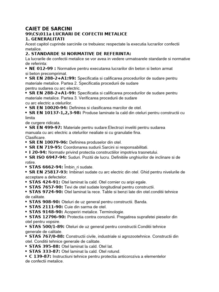 Caiet de Sarcini - Lucrari Confectii Metalice | PDF