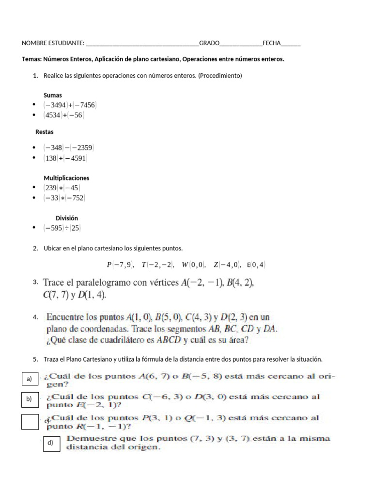 Taller Numeros Enteros Septimo #1 | PDF