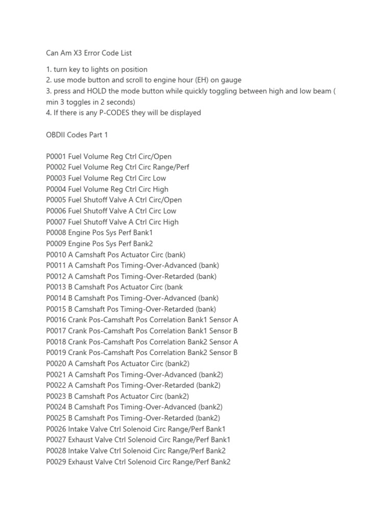 Can-Am X3 Error Code Reference Guide | PDF | Throttle | Clutch