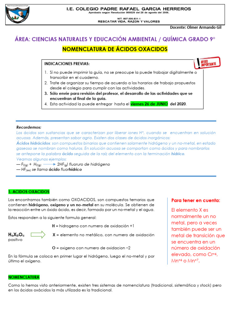Nomenclatura de Ácidos Oxacidos: Área: Ciencias Naturales Y Educación Ambiental / Química Grado ...