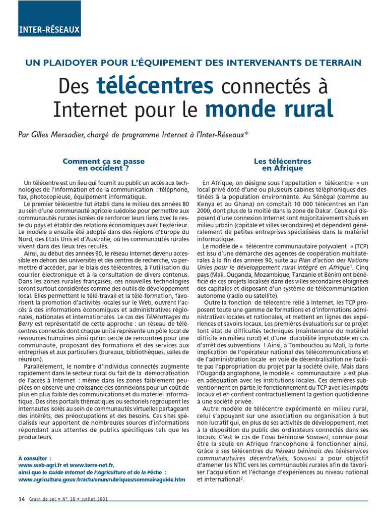 GDS 18 - Des Telecentres Connectes A Internet Pour Le Monde Rural | PDF