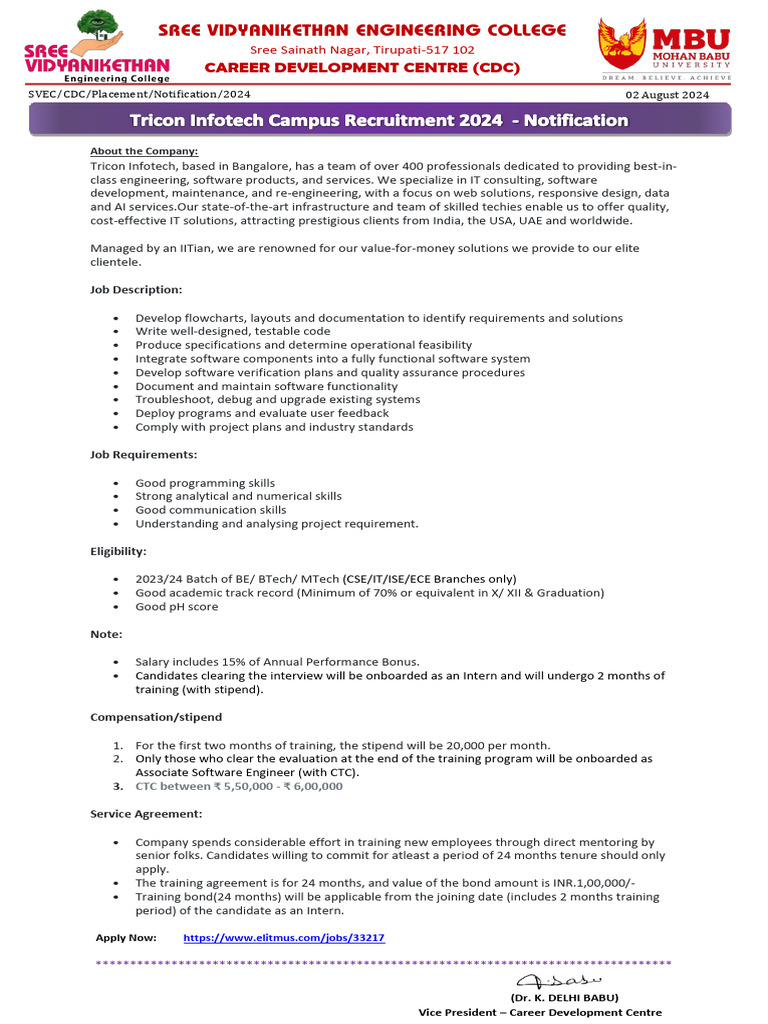 Tricon Infotech - Campus Recruitment 2024 - Notification | PDF