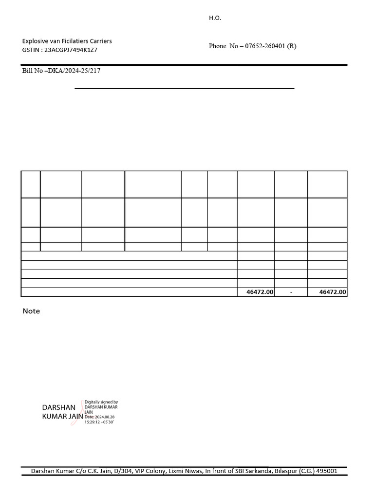 DK Associates: TRANSPORTATION BILL Vehicle No. MP18GA4676 | PDF