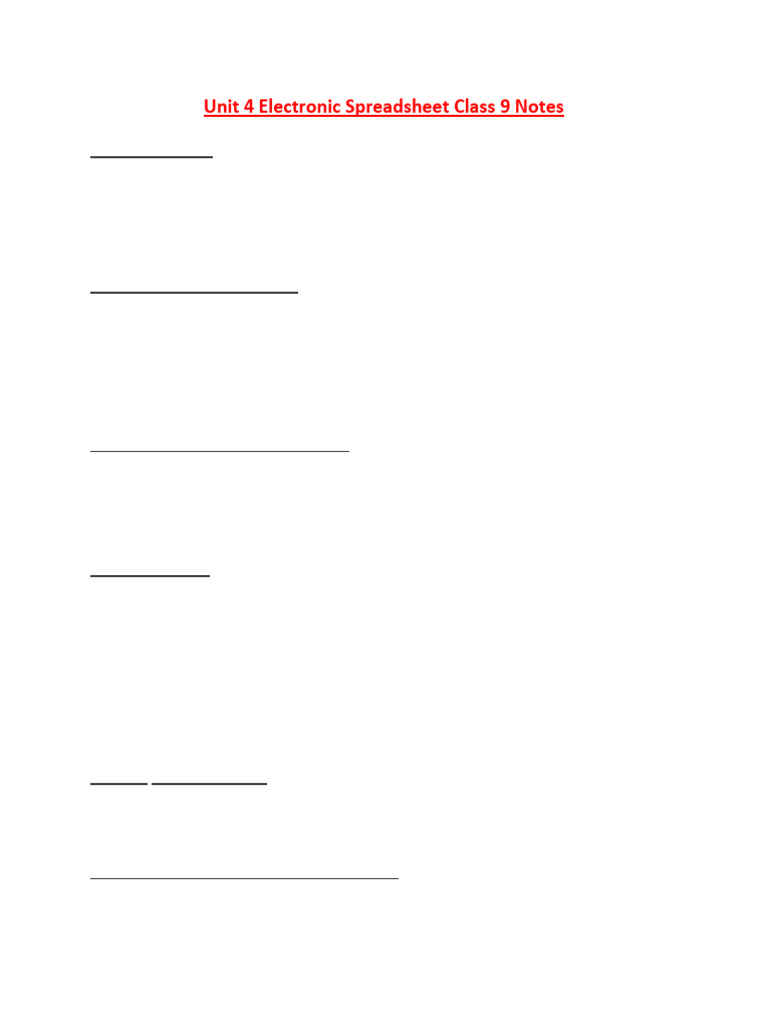 Unit 4 Electronic Spreadsheet Class 9 Notes | PDF Unit 4 Electronic Spreadsheet Class 9 Notes | PDF