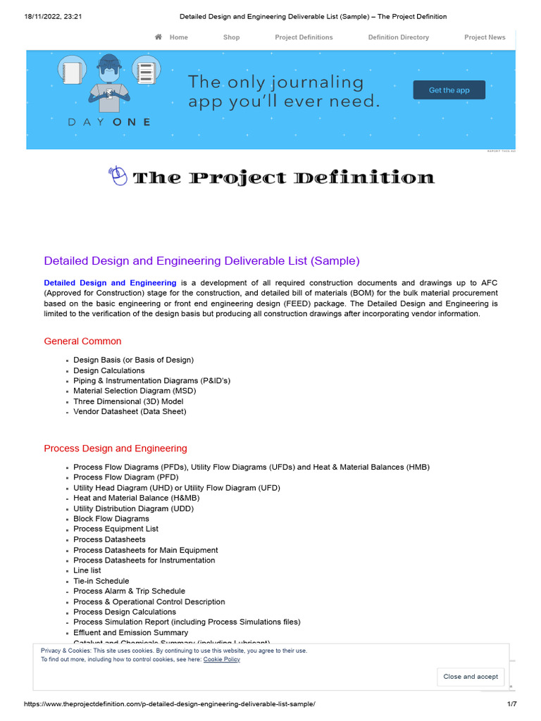 Detailed Design and Engineering Deliverable List (Sample) – The Project Definition | PDF