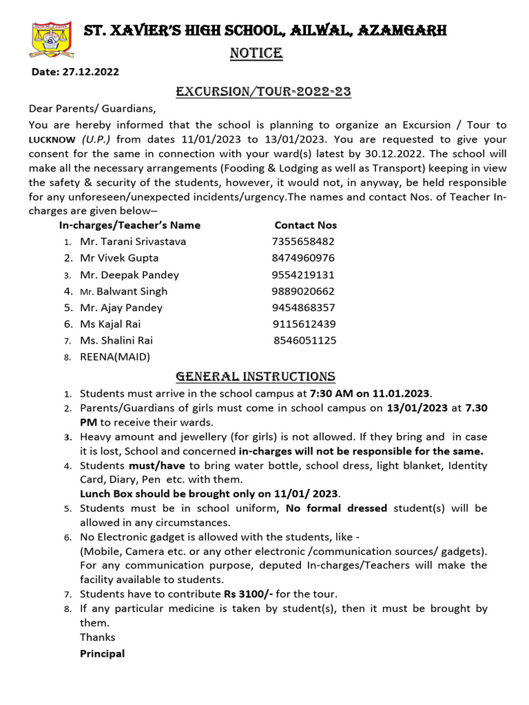 St. Xavier's School Lucknow Tour Notice | PDF