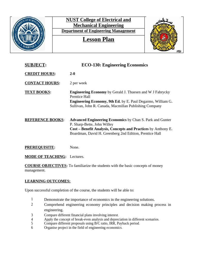 Lesson Plan Engineering Economics ECO 130 Updated by Ali Salman | PDF