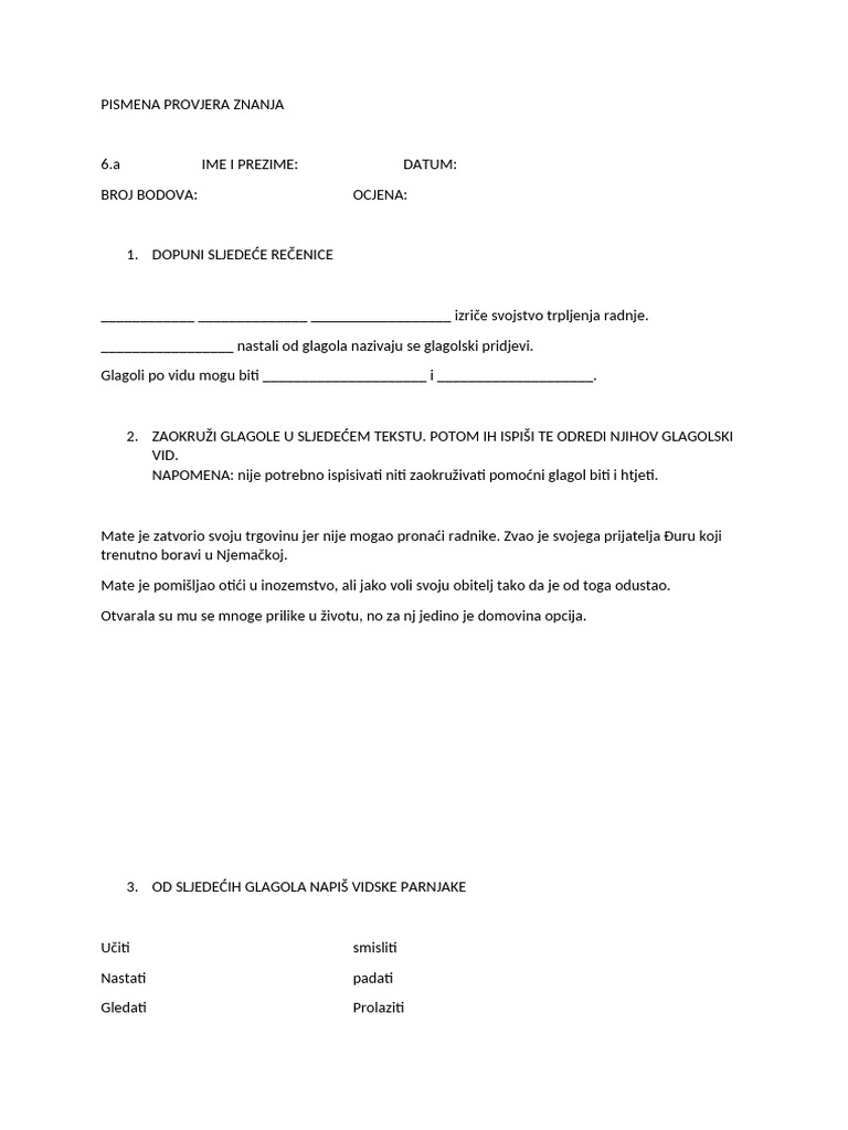 PISMENA PROVJERA ZNANJA - 6.a Gl. Imenice, Trpni | PDF