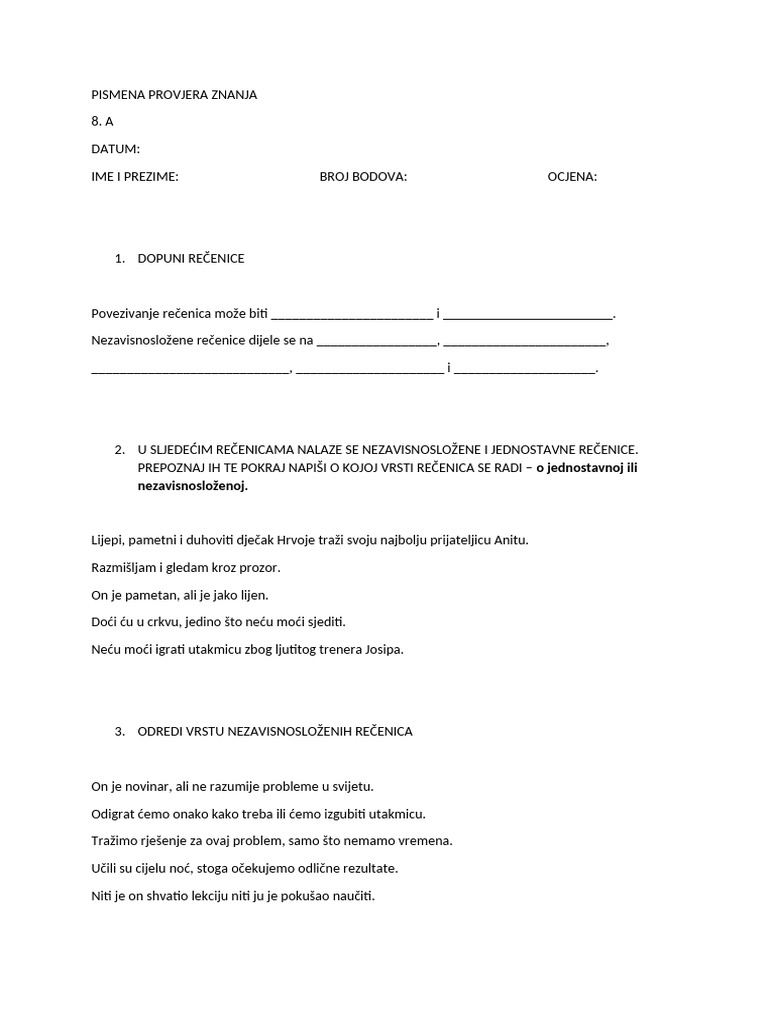 PISMENA PROVJERA ZNANJA 8.a Nezavisnosložene | PDF