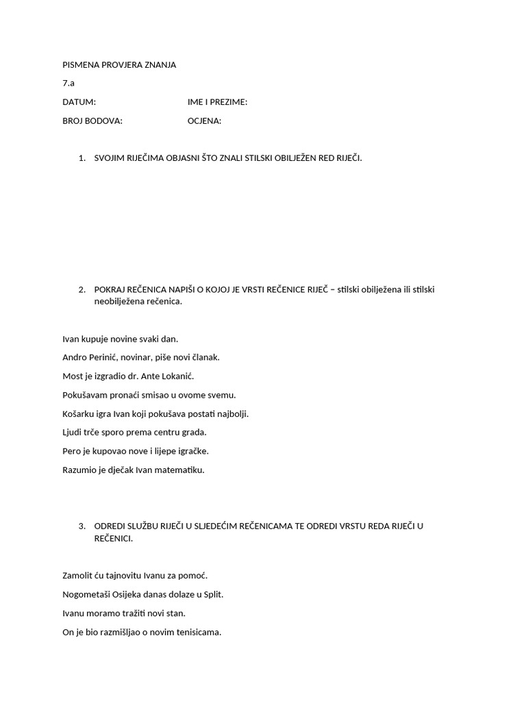 Pismena Provjera Znanja 7.a Red Riječi | PDF