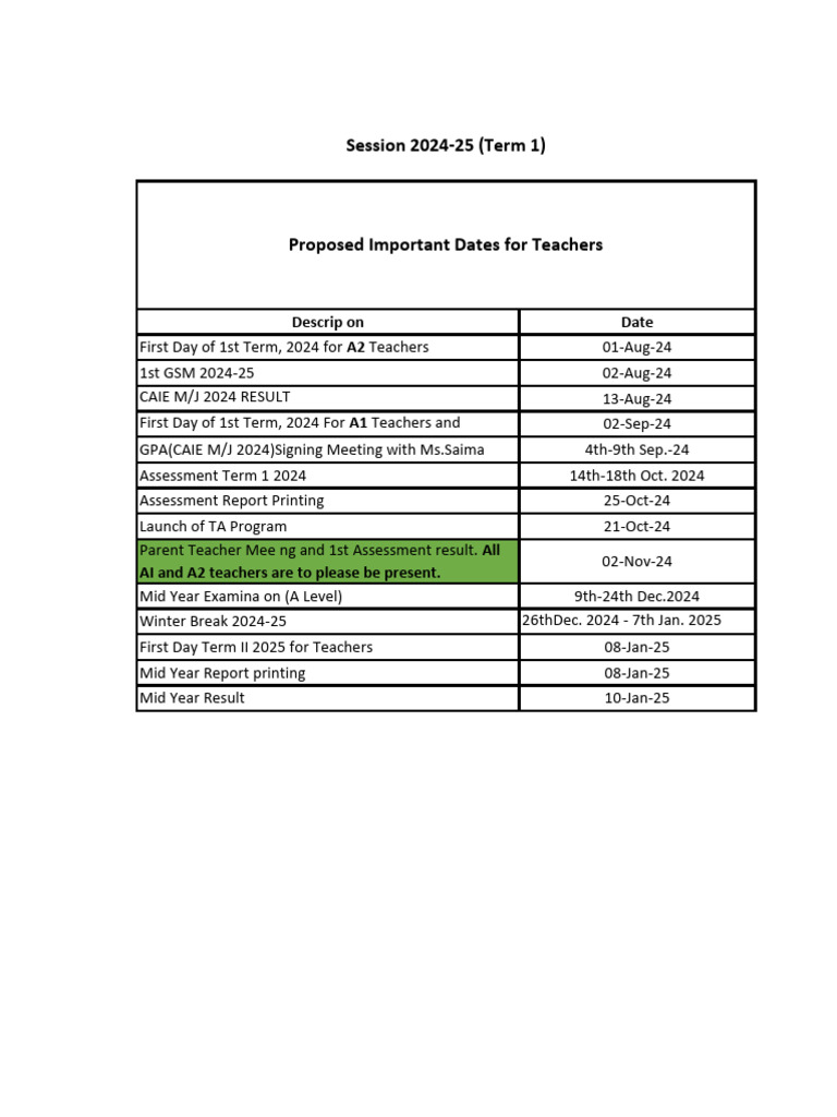 Important Dates 2024-25 | PDF