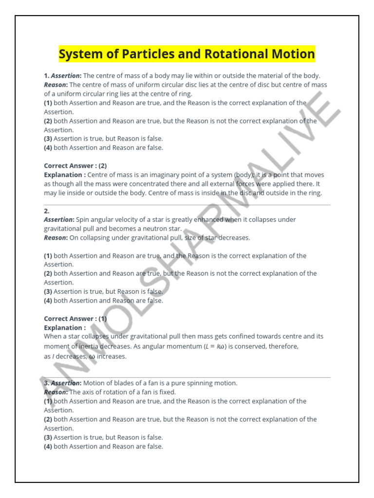 System of Particles and Rotational Motion - AR MCQs | PDF