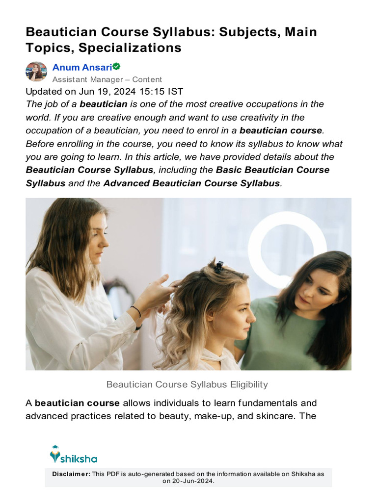 Beautician Course Syllabus: Subjects, Main Topics, Specializations | PDF