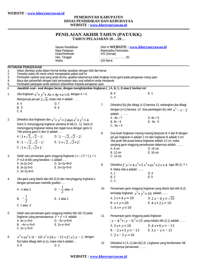 Soal PAT Matematika Peminatan Kelas 11 - WEBSITE WWW - Kherysuryawan.id | PDF