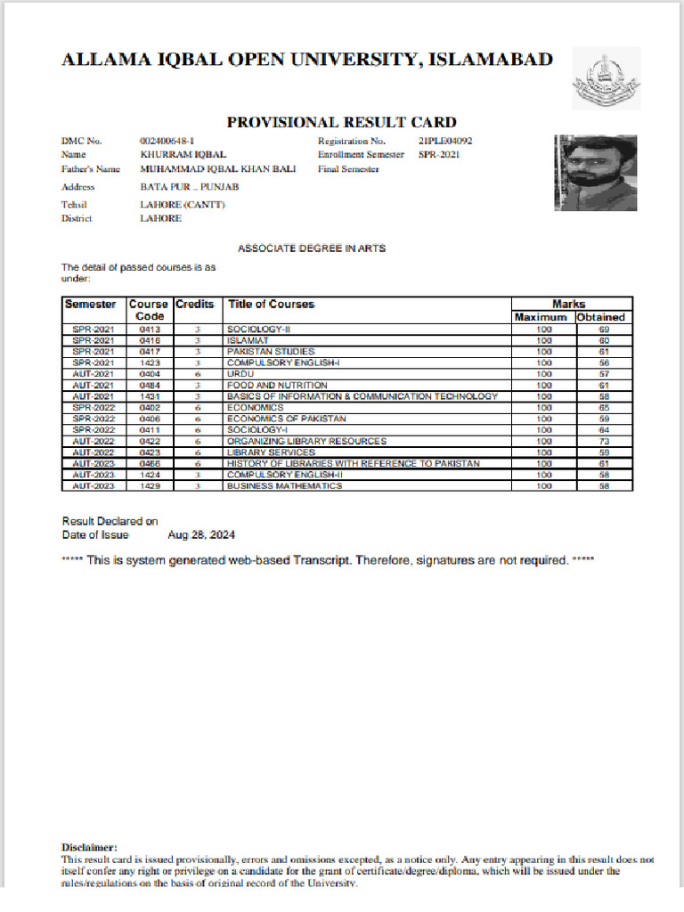 Khurram Result Card | PDF