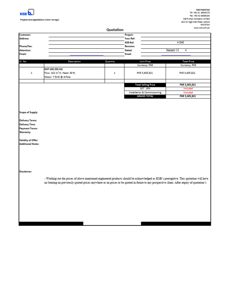 Quotation - 1 cusecs pump 1 | PDF