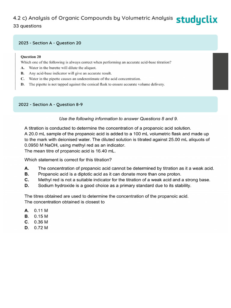 4.2 c) Analysis of Organic Compounds by Volumetric Analysis Ques | PDF