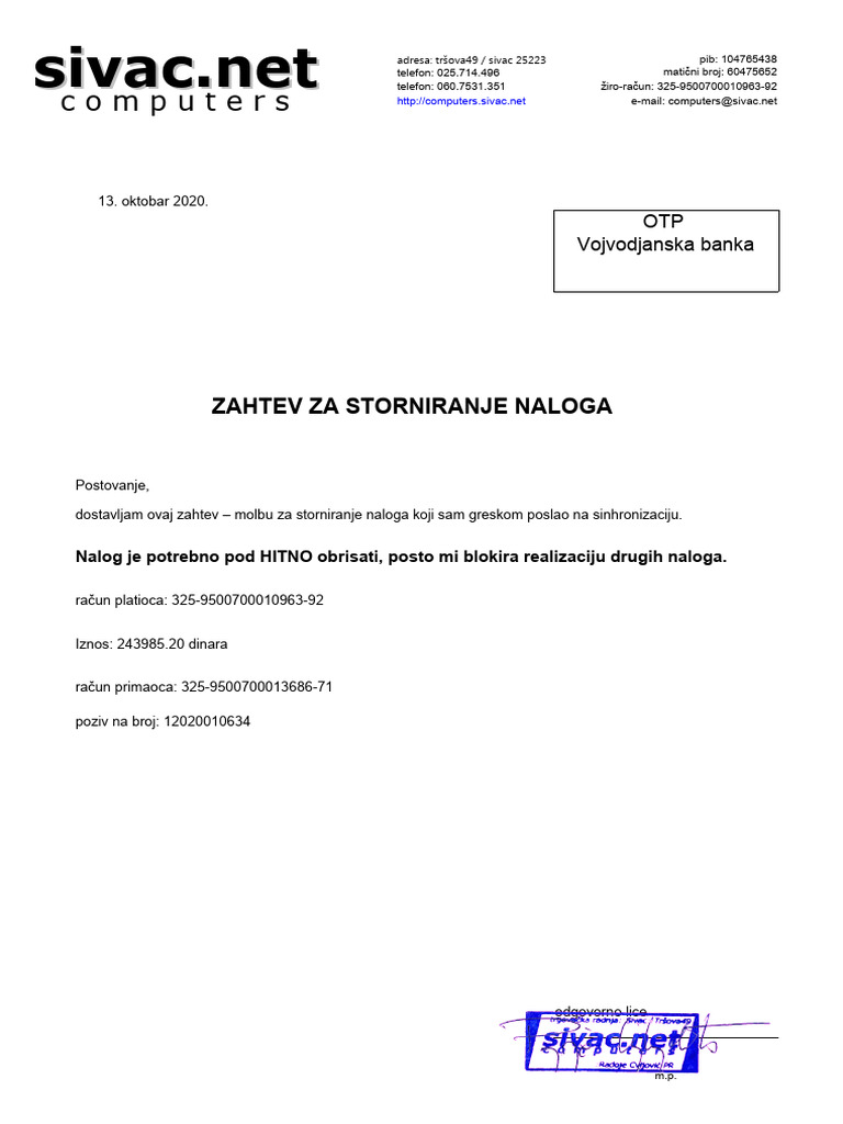 Zahtev Za Storniranje Naloga | PDF