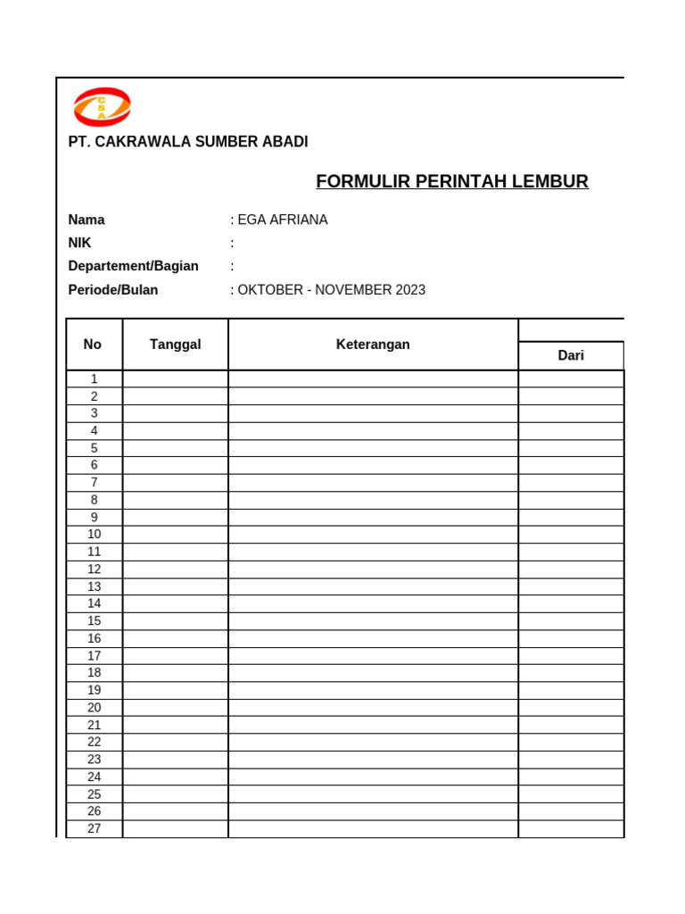 FORM LEMBUR DRIVER JAMBI Oktober-November Revisi | PDF