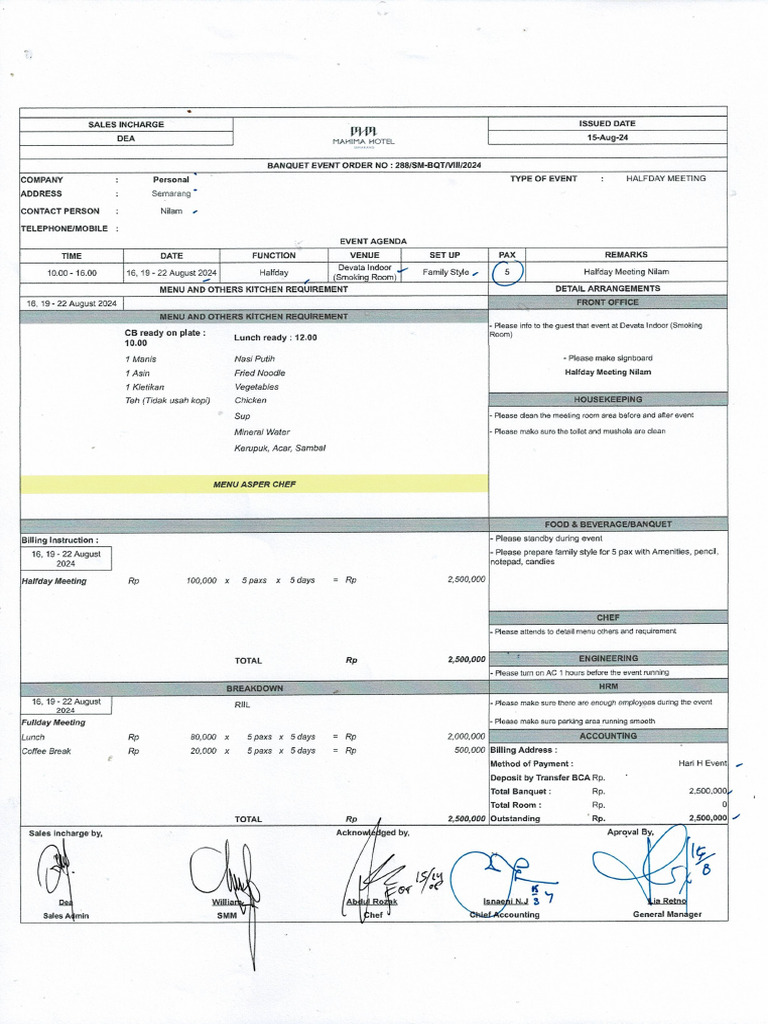 BEO Personal Halfday Meeting Nilam | PDF