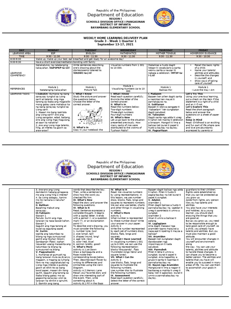 Weekly-Home-Learning-Plan Grade 3 Week 1 (Autosaved) - 1 | PDF