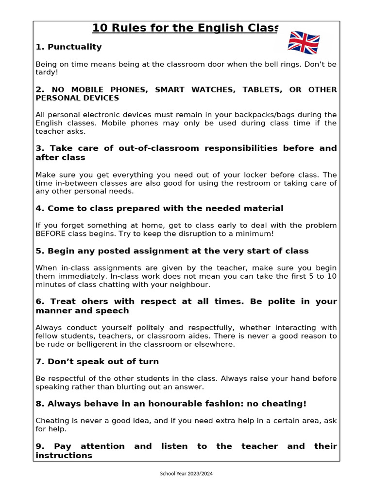 10 Rules For The English Class | PDF