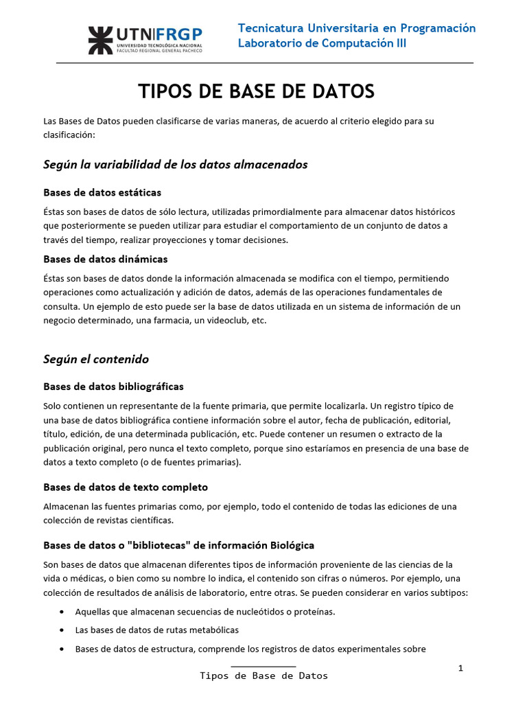 Unidad 1 - 2) Tipos de Base de Datos | PDF