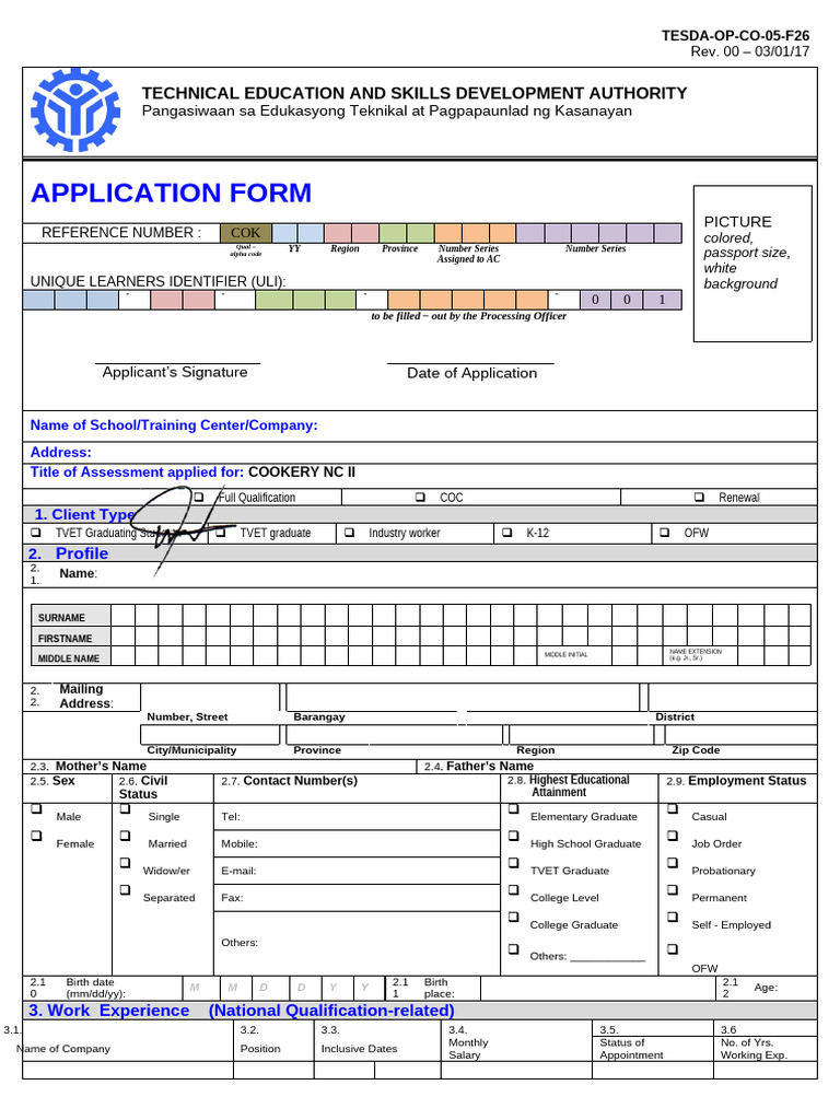 Cookery NC II - Application Form | PDF