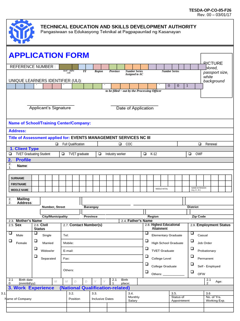 Housekeeping NC II - Application Form | PDF