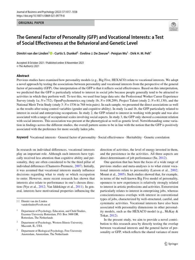 The General Factor of Personality (GFP) and Vocational Interests A Test ...