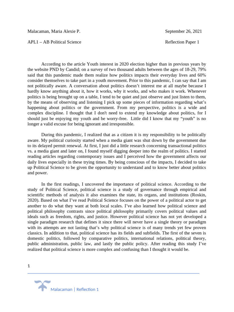 Polsci Reflection Paper 1 | PDF