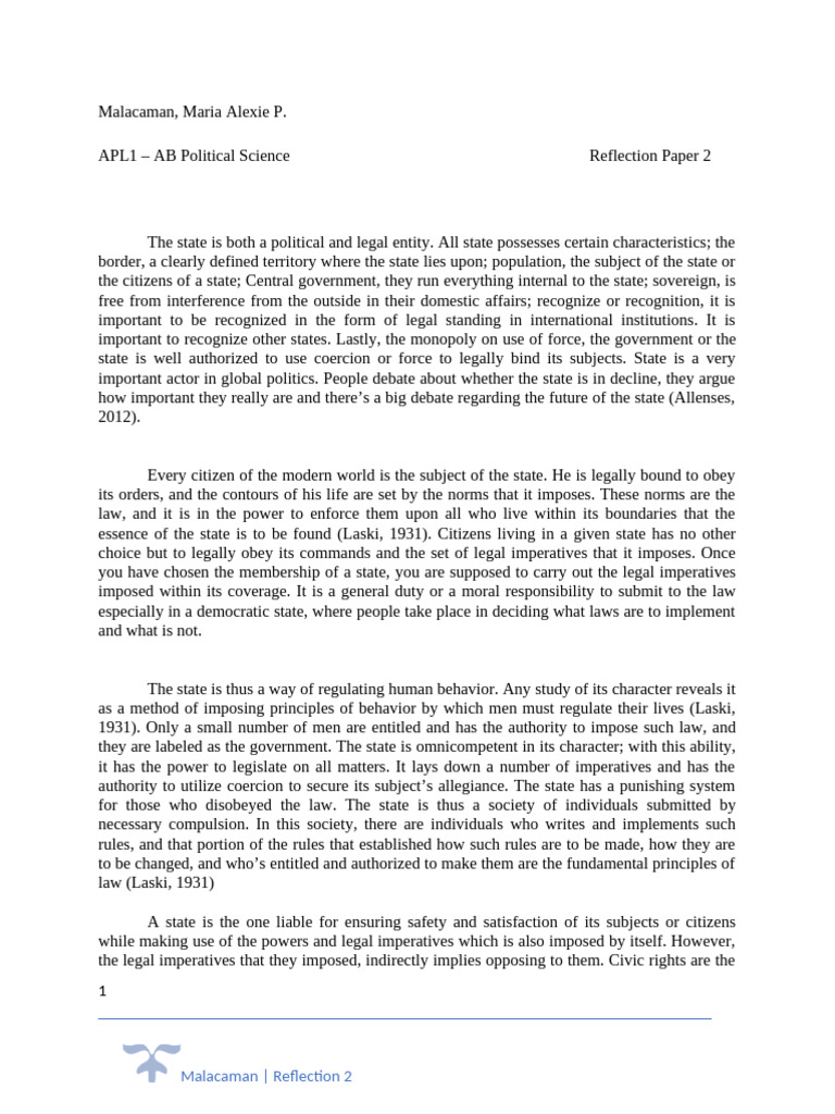 Polsci Reflection Paper 2 | PDF