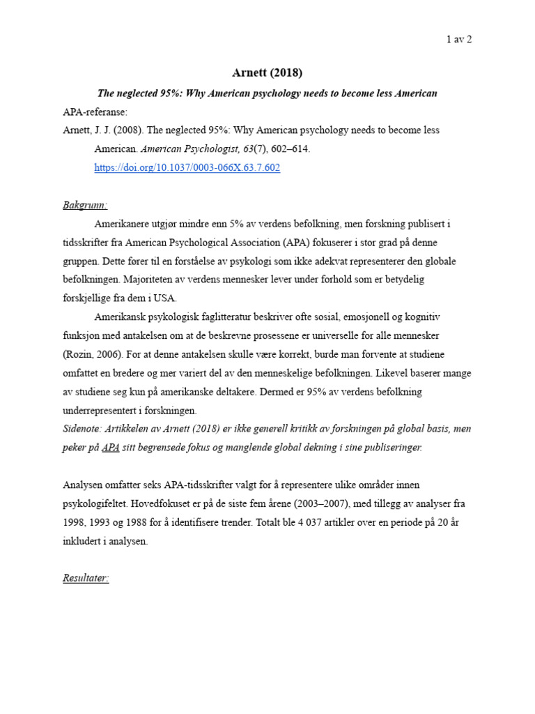 Arnett (2018) - The Neglected 95% - Why American Psychology Needs To Become Less American | PDF