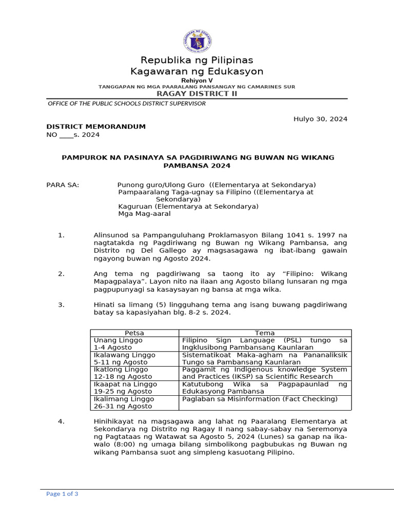 Buwan NG Wika 2024 District Memo RAGAY II | PDF