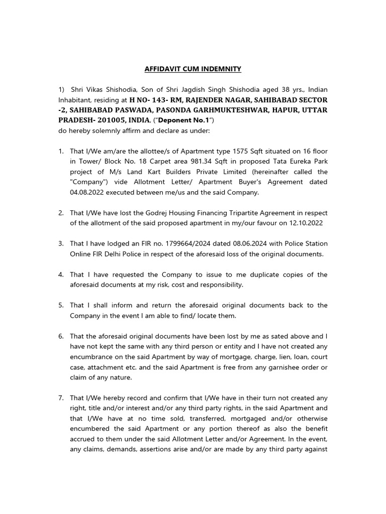 Loss of Documents - Indemnity | PDF