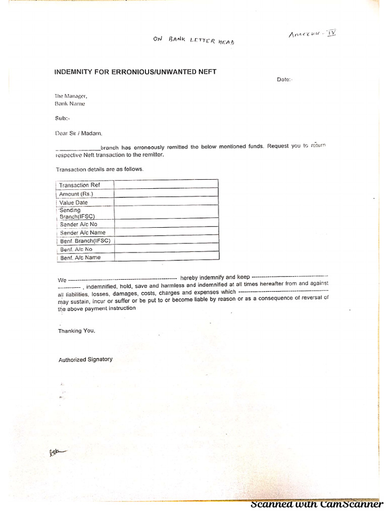 Wrong Neft Indemnity | PDF